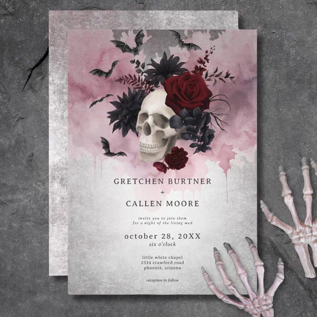 Gothic Black & Burgundy Skull & Bats Wedding Invitation | Zazzle