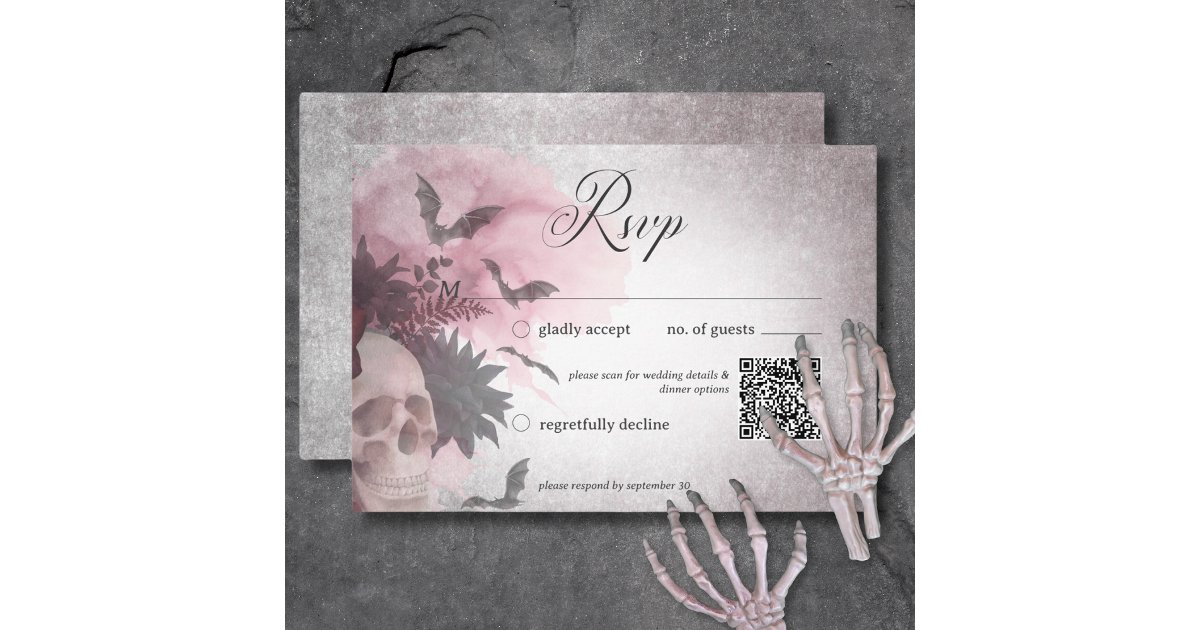 Gothic Black & Burgundy Skull & Spider QR Code RSVP Card | Zazzle