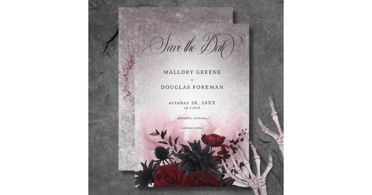 Gothic Black & Burgundy Skull & Spider Wedding Save The Date | Zazzle