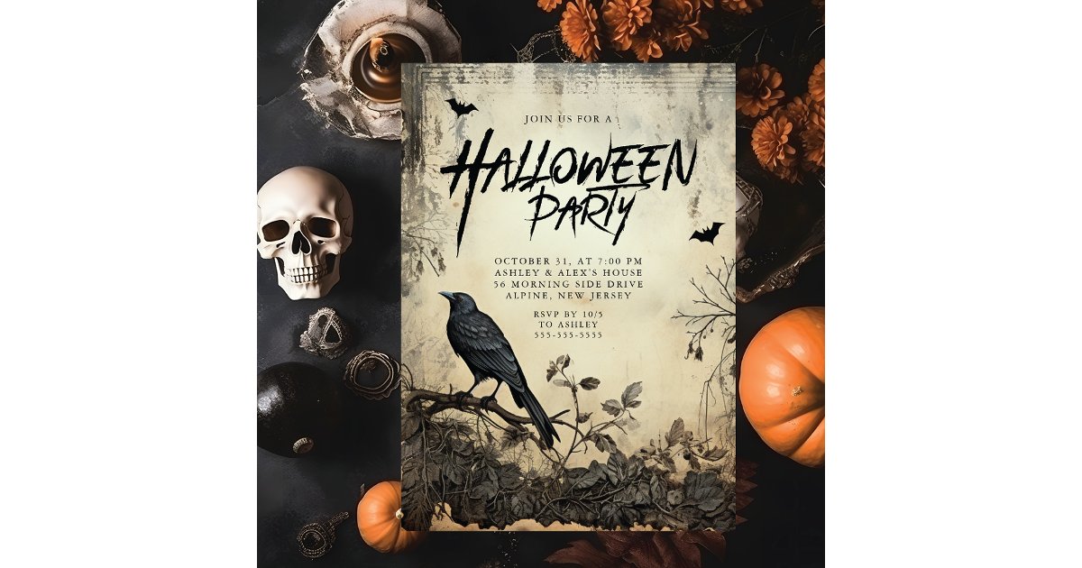 Gothic Black Crow Halloween Party Invitation | Zazzle