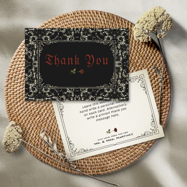 Gothic Black Lace Blood Red Bone Thank You Card | Zazzle