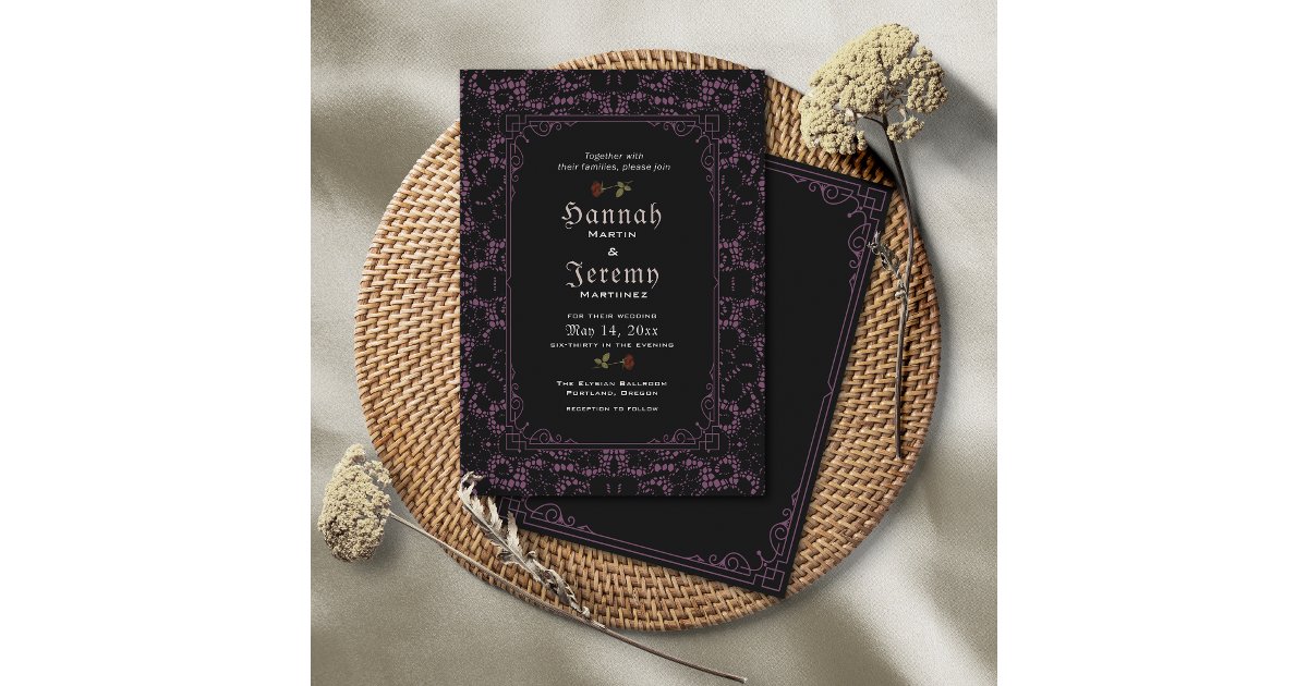 Gothic Black Magenta Lace Rose Invitation | Zazzle