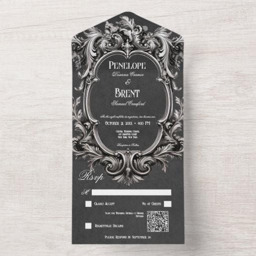 Gothic Black Moody Victorian Frame QR Code All In One Invitation | Zazzle