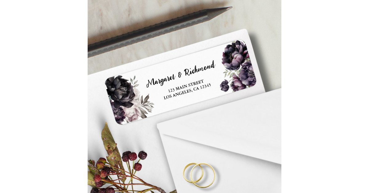 Gothic Black Peonies Floral Wedding Return Address Label | Zazzle