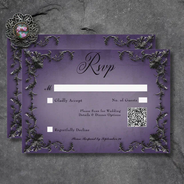 Gothic Black & Purple Filigree Heart QR Code RSVP Card | Zazzle