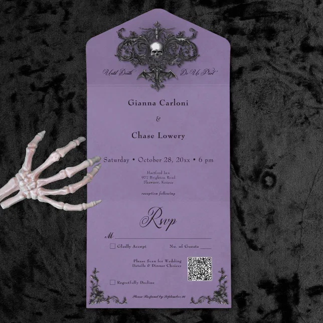 Gothic Black & Purple Halloween Filigree QR Code All In One Invitation ...