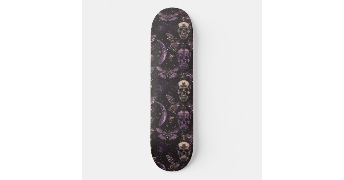 Gothic Black Purple Skulls Moths Moon Skateboard | Zazzle