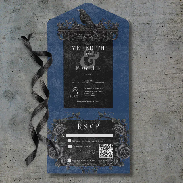 Gothic Black Raven & Black Roses Blue QR Code All In One Invitation ...