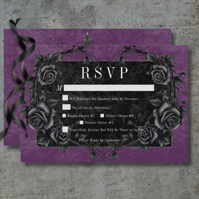 Gothic Black Raven & Black Roses Purple Dinner RSVP Card | Zazzle