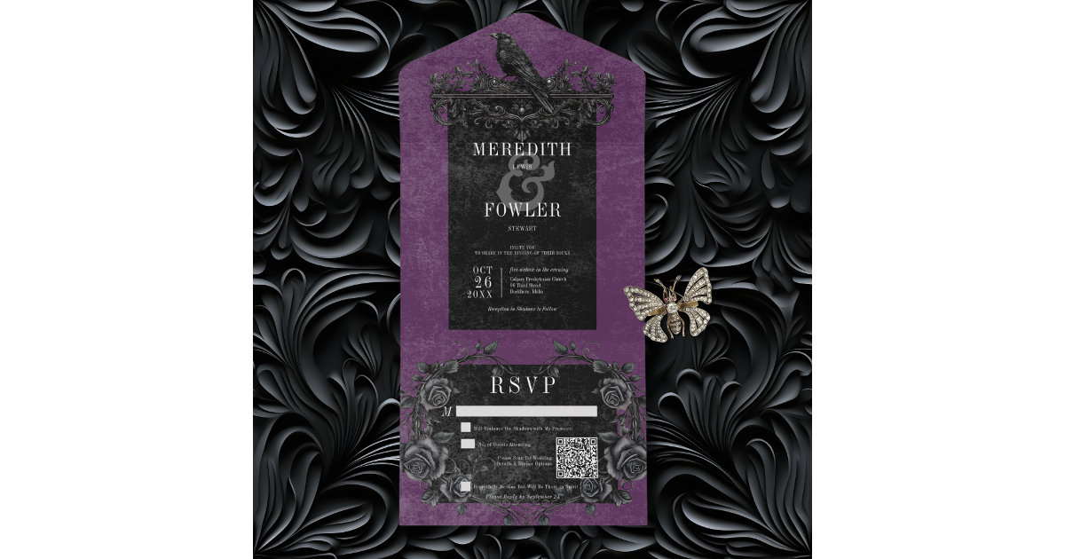 Gothic Black Raven & Black Roses Purple QR Code All In One Invitation | Zazzle