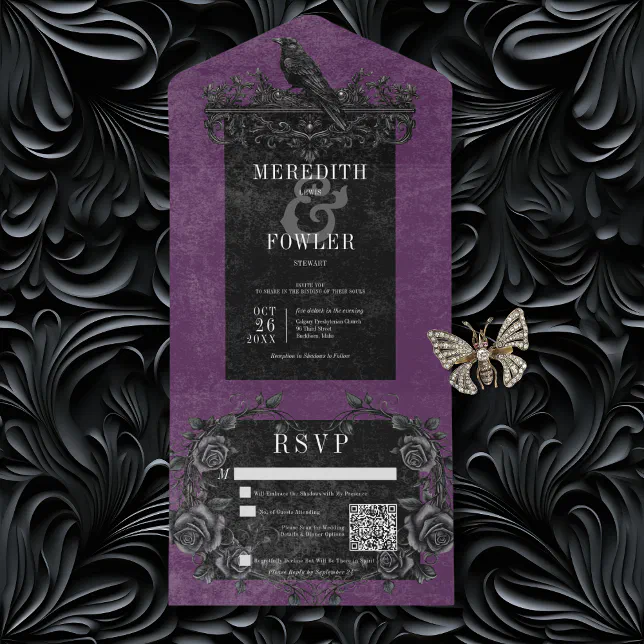 Gothic Black Raven & Black Roses Purple QR Code All In One Invitation ...