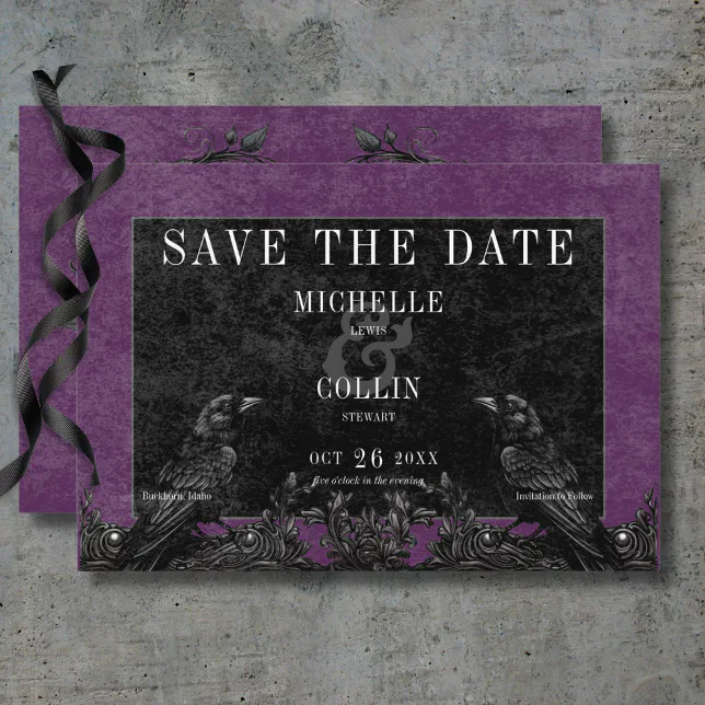 Gothic Black Raven & Black Roses Purple Wedding Save The Date | Zazzle