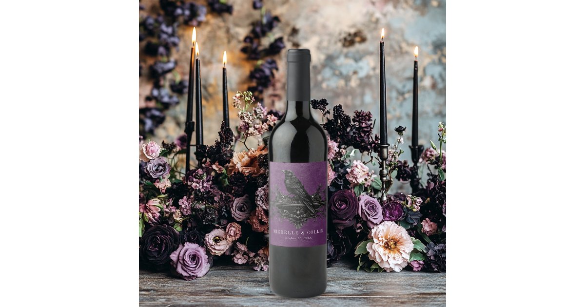 Gothic Black Raven & Black Roses Purple Wedding Wine Label | Zazzle