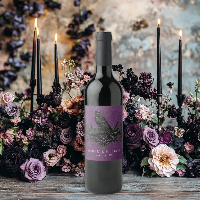 Gothic Black Raven & Black Roses Purple Wedding Wine Label | Zazzle
