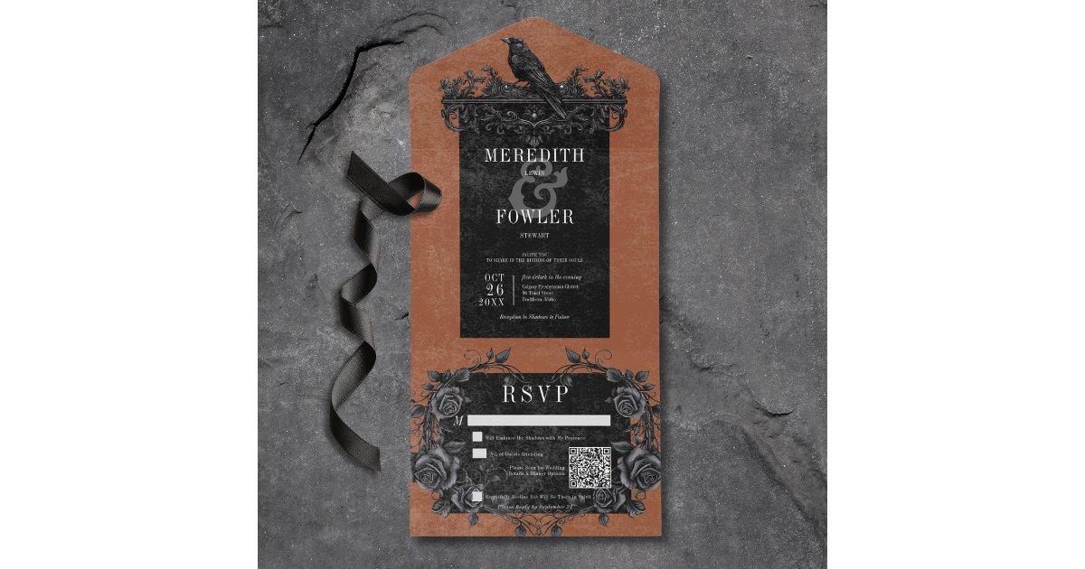 Gothic Black Raven & Black Roses Rust QR Code All In One Invitation ...