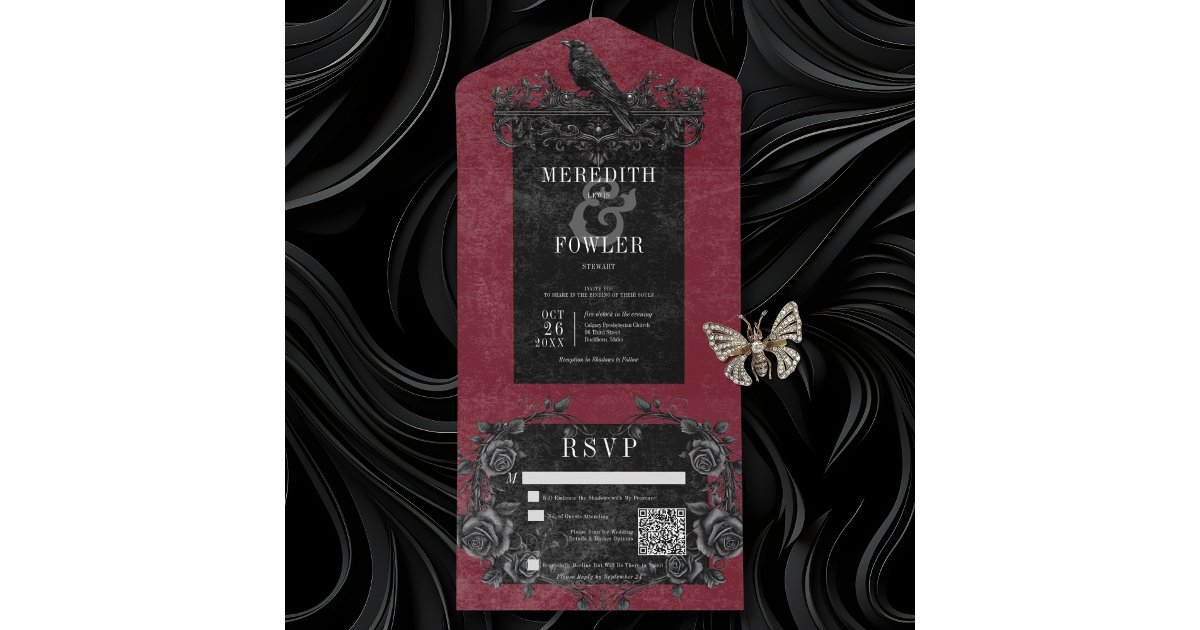Gothic Black Raven & Black Roses Wine QR Code All In One Invitation ...