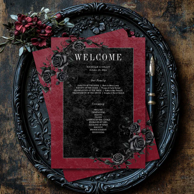 Gothic Black Raven & Black Roses Wine Wedding Program | Zazzle