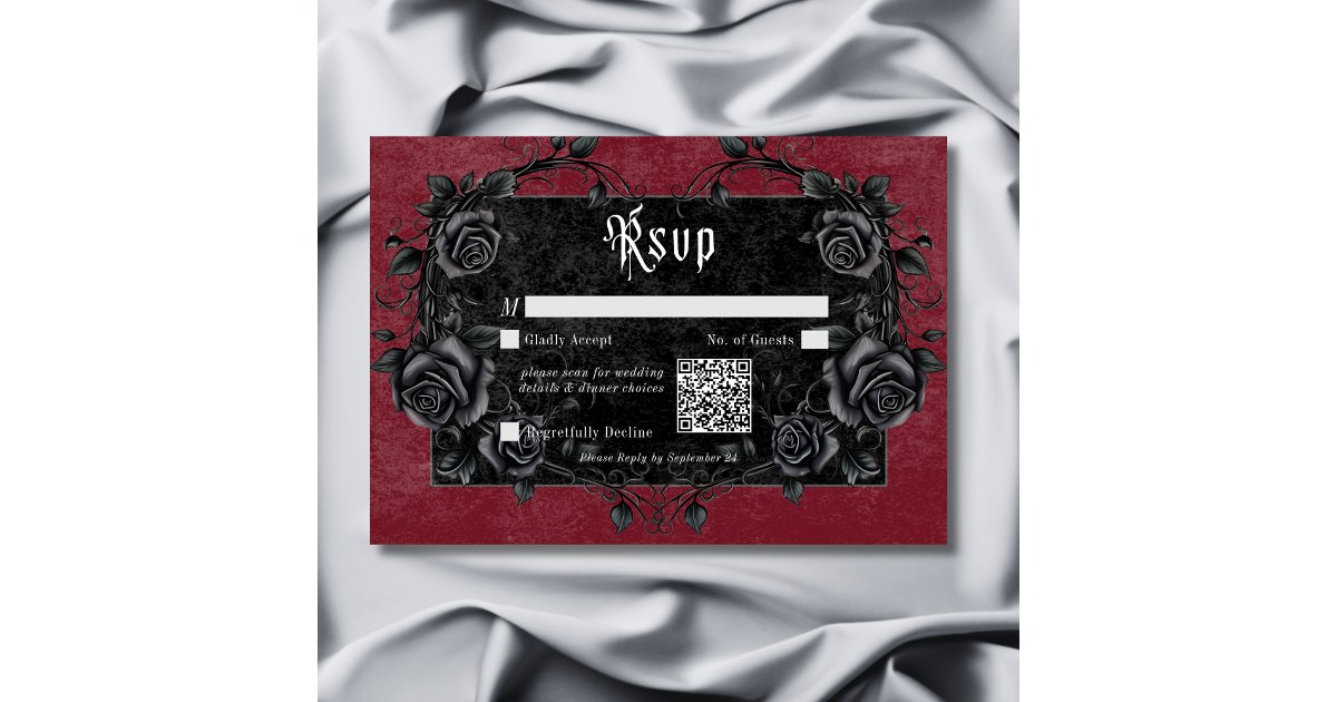 Gothic Black Raven & Roses Burgundy QR Code RSVP Card | Zazzle