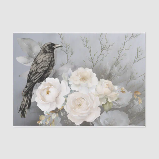 Gothic Black Raven White Flowers Tissue Paper | Zazzle