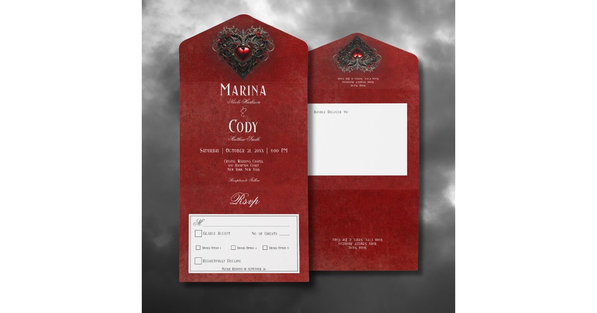 Gothic Black & Red Filigree Heart Red Dinner All In One Invitation | Zazzle