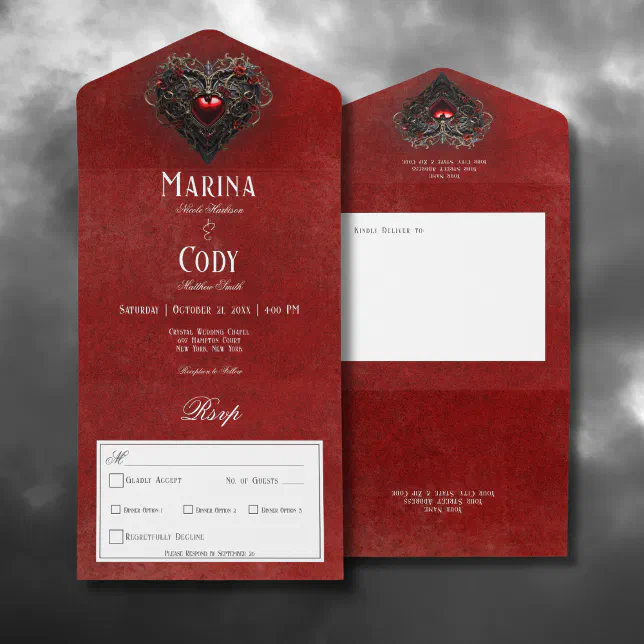 Gothic Black & Red Filigree Heart Red Dinner All In One Invitation | Zazzle