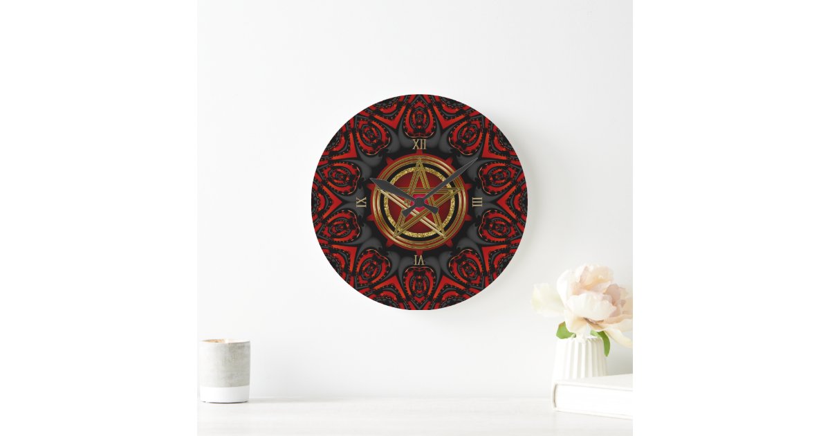 Gothic Black Red Gold Pentagram Symbol Large Clock | Zazzle