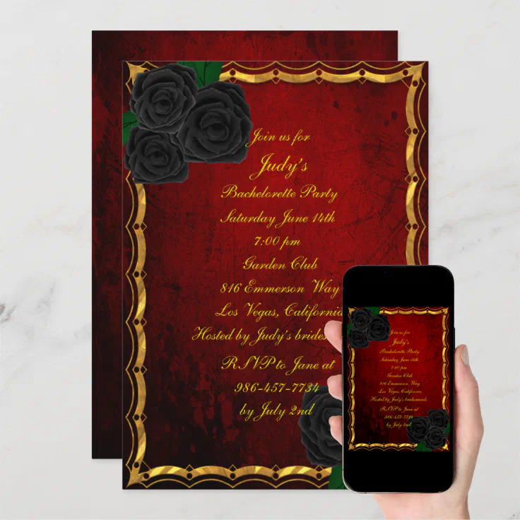 Gothic Black Roses Blood Red Bachelorette Party Invitation | Zazzle
