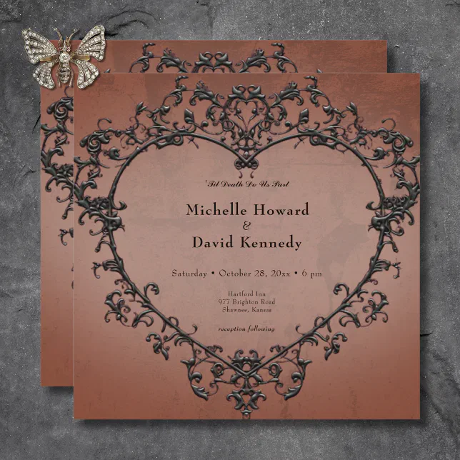 Gothic Black & Rust Filigree Heart Wedding Invitation | Zazzle