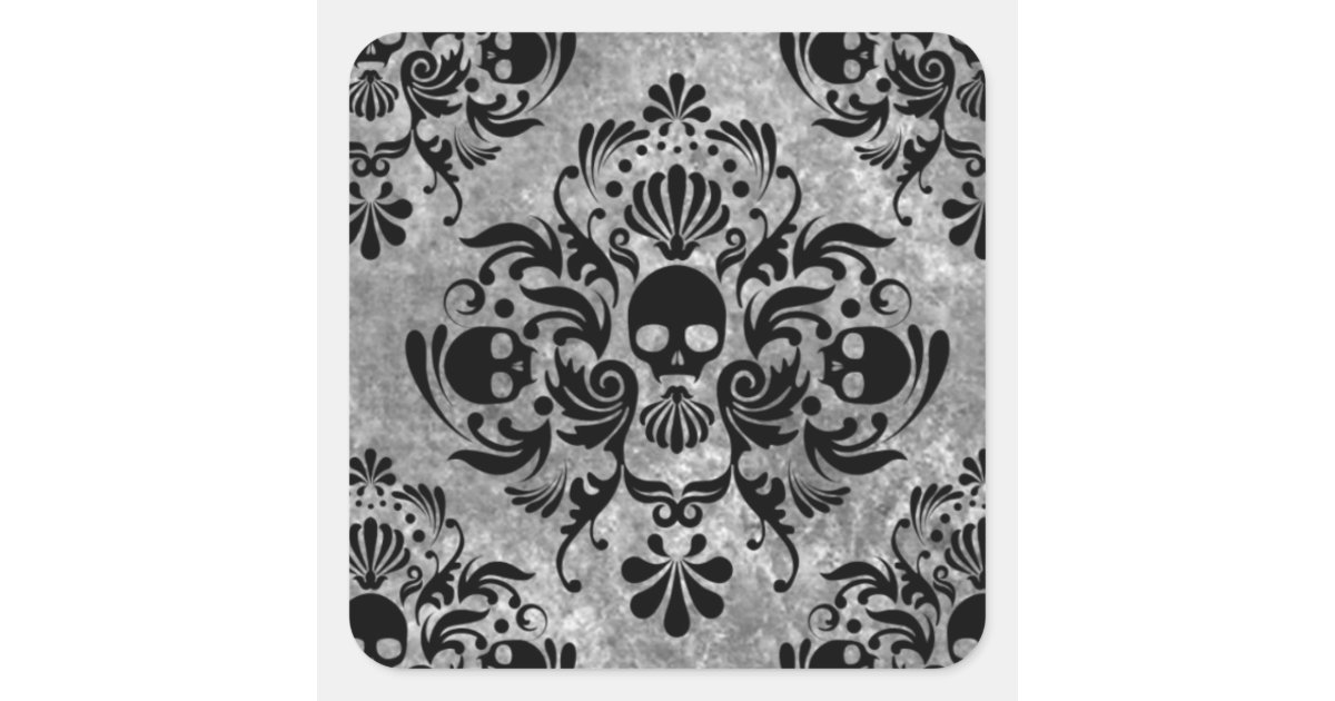 Gothic Black Skull Grunge Damask Pattern Square Sticker | Zazzle