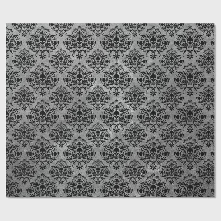Gothic Black Skull Grunge Damask Pattern Wrapping Paper | Zazzle
