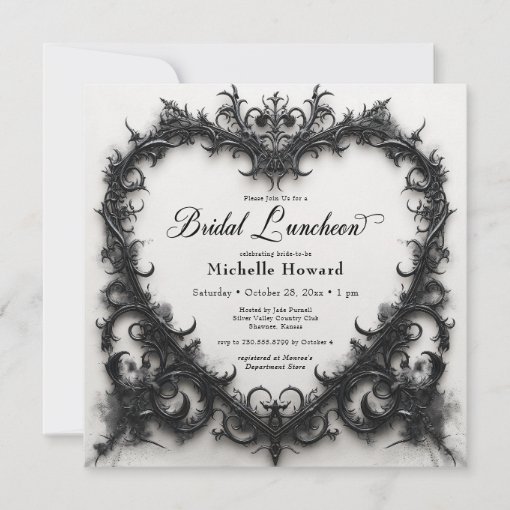 Gothic Black & White Filigree Heart Bridal Lunch Invitation | Zazzle