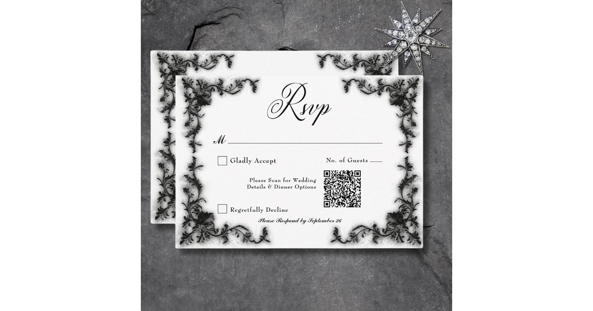 Gothic Black & White Filigree Heart QR Code RSVP Card | Zazzle