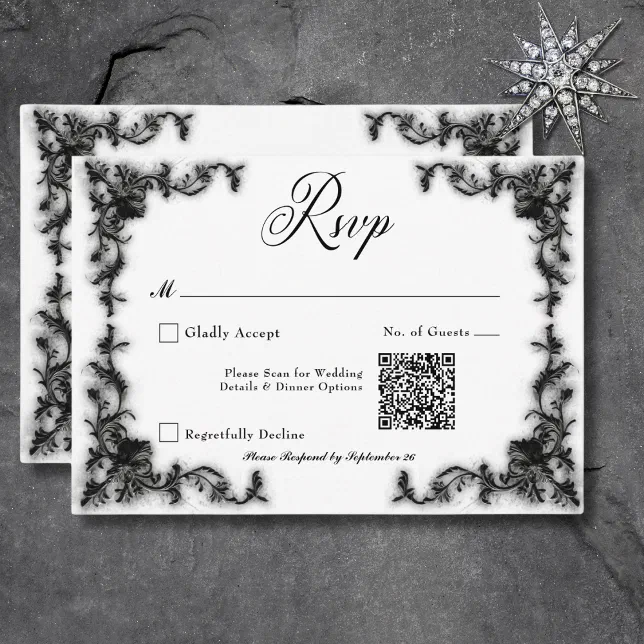 Gothic Black & White Filigree Heart QR Code RSVP Card | Zazzle