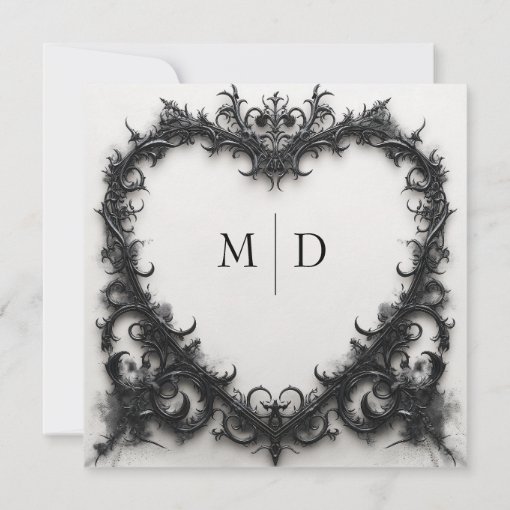 Gothic Black & White Filigree Heart Wedding Invitation | Zazzle