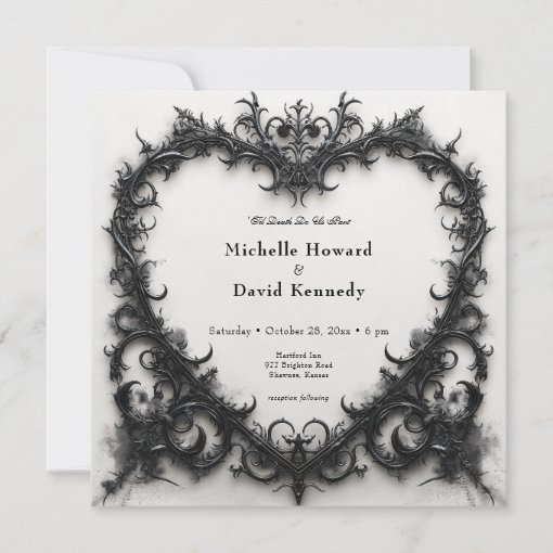 Gothic Black & White Filigree Heart Wedding Invitation | Zazzle