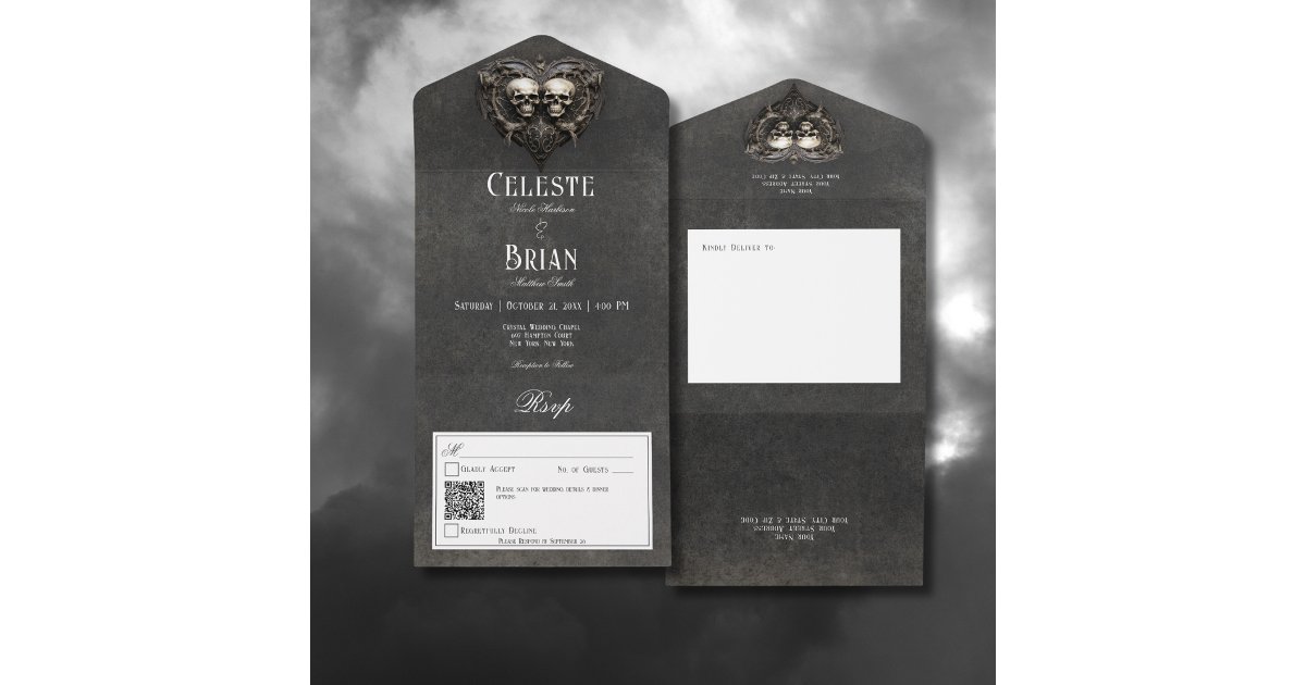 Gothic Black & White Skulls & Heart QR Code All In One Invitation | Zazzle