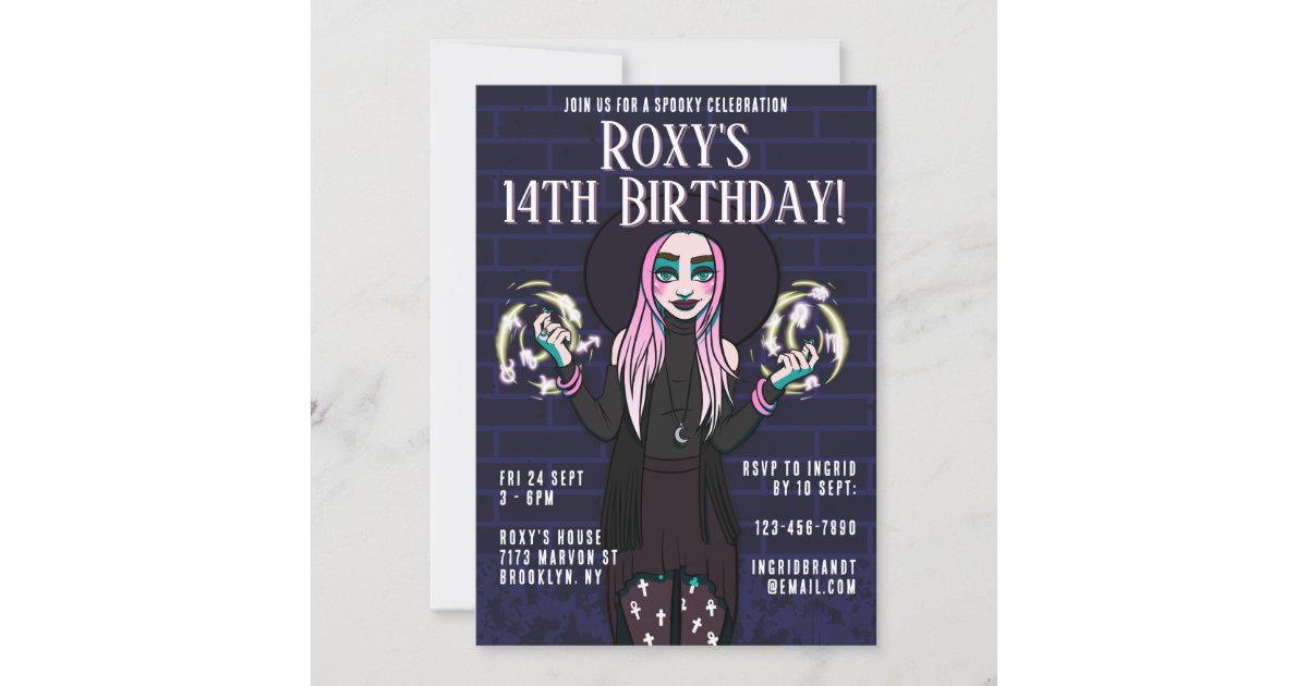 Gothic Cartoon Witch Girl 14th Birthday Invitation | Zazzle