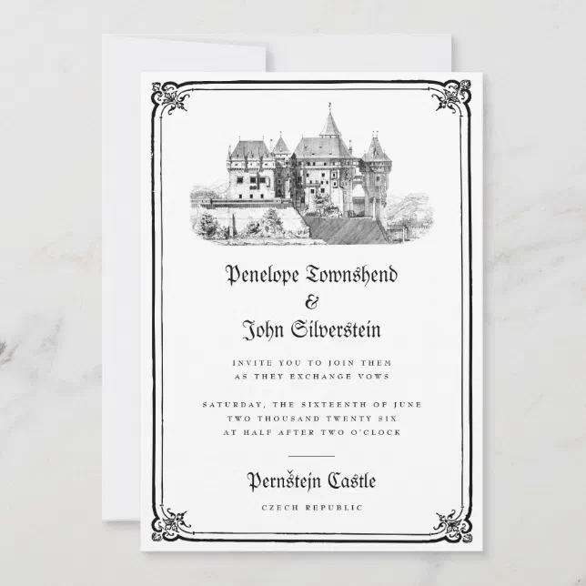 Gothic Castle Illustration Border White Wedding Invitation | Zazzle