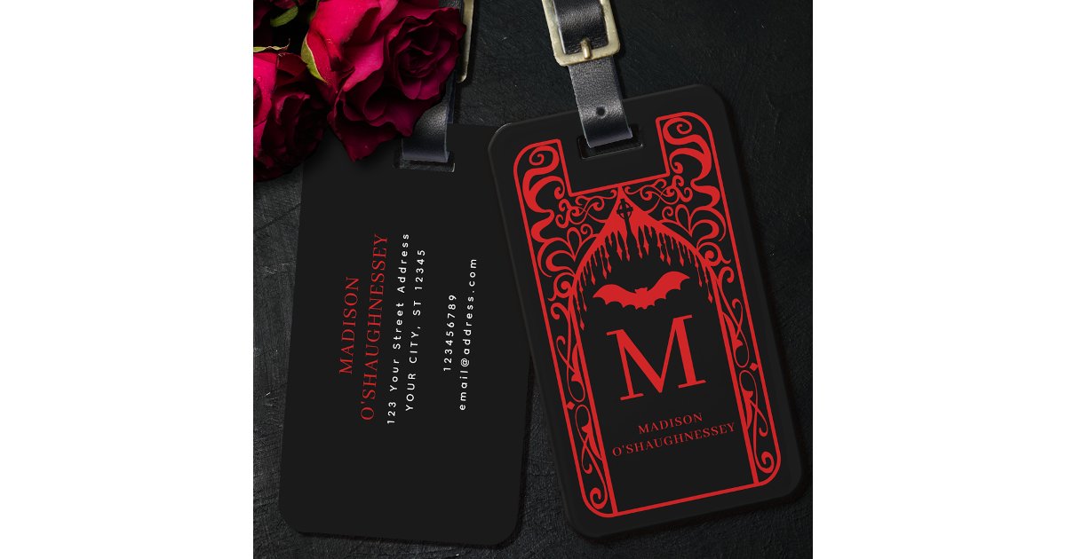 Gothic Cathedral Red Black Vampire Monogram Luggage Tag | Zazzle