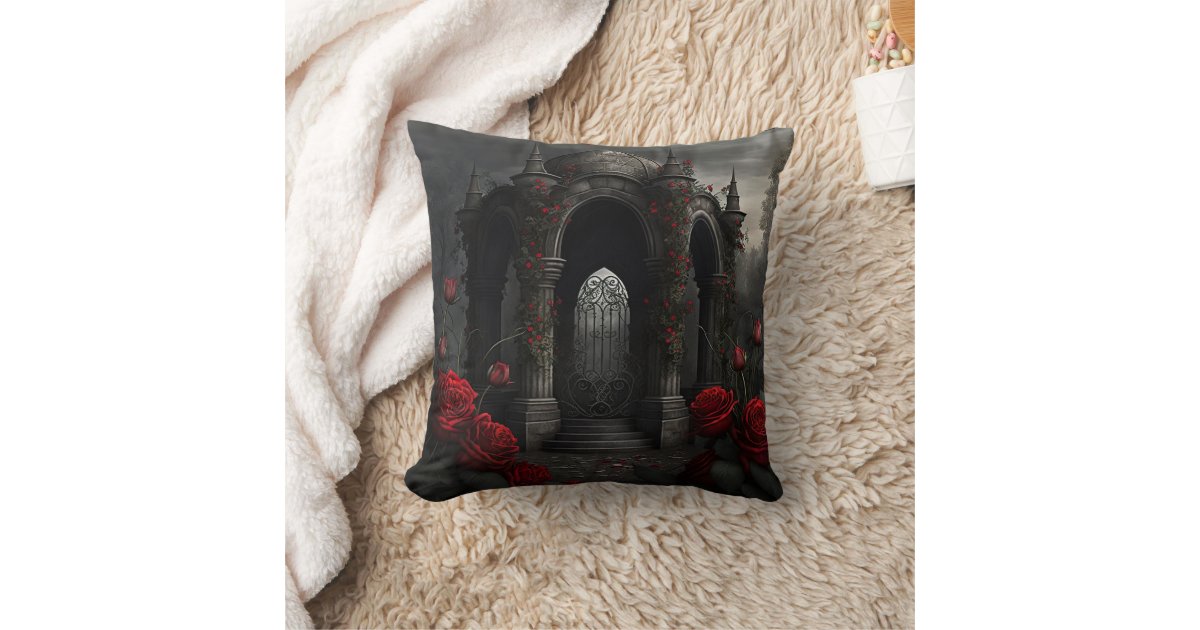 Gothic Cemetery Gazebo with Red Roses at Night Throw Pillow | Zazzle