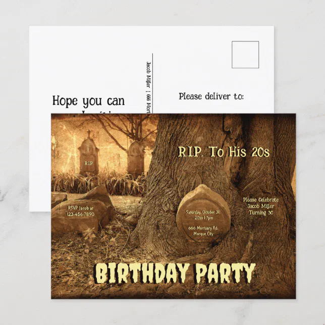 Gothic Cemetery Tombstones RIP To His 20s Birthday Invitation Postcard ...