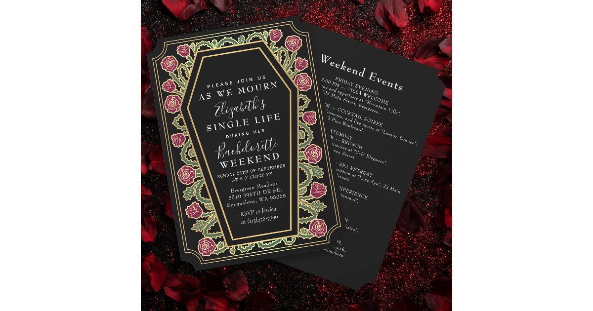 Gothic Coffin Roses Bachelorette Weekend Invitation | Zazzle