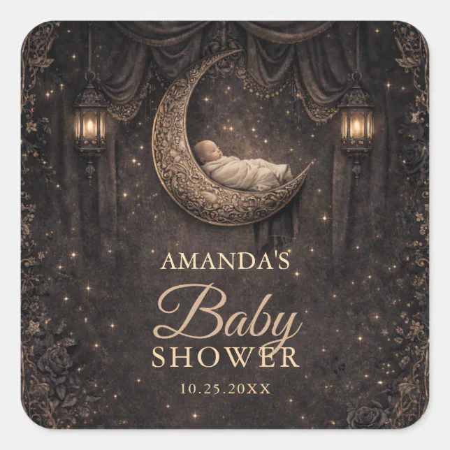 Gothic Crescent Moon Stars Baby Shower Square Sticker | Zazzle