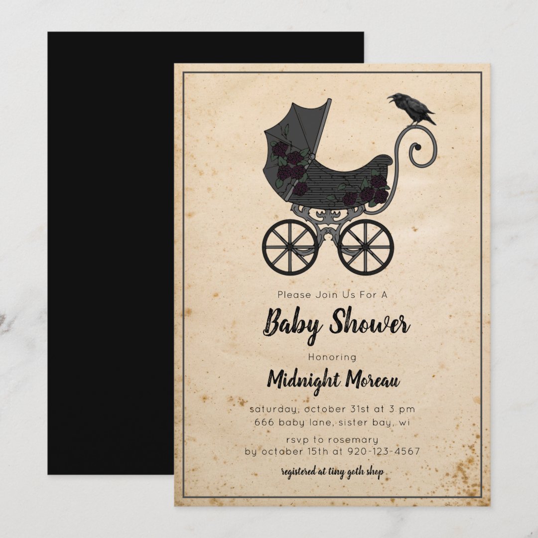 Gothic Crow Floral Stroller Baby Shower Invitation | Zazzle