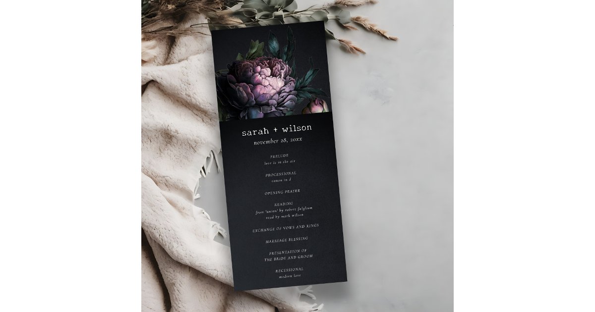 Gothic Dark Purple Black Peony Wedding Program | Zazzle