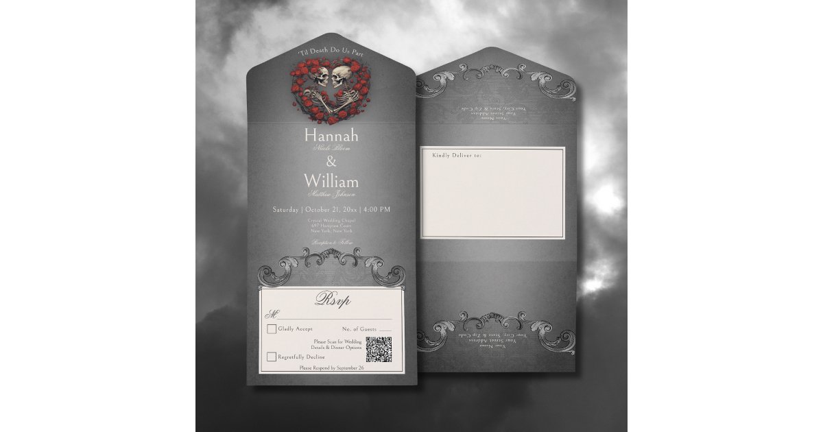 Gothic Dark Skeletons & Rose Heart QR Code All In One Invitation | Zazzle
