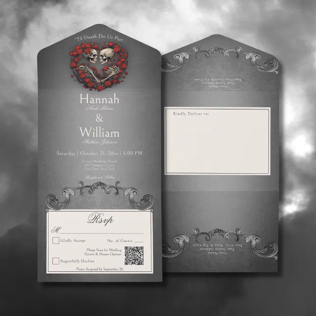 Gothic Dark Skeletons & Rose Heart QR Code All In One Invitation | Zazzle