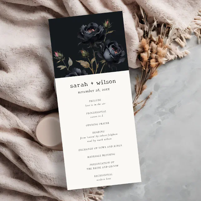 Gothic Dark Watercolor Black Rose Wedding Program | Zazzle