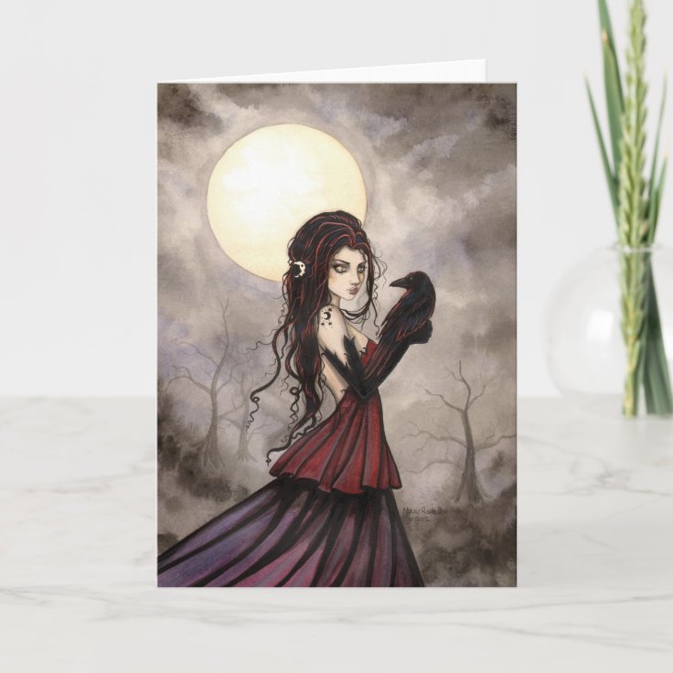 Gothic Fantasy Witch and Raven Wiccan Art Card | Zazzle