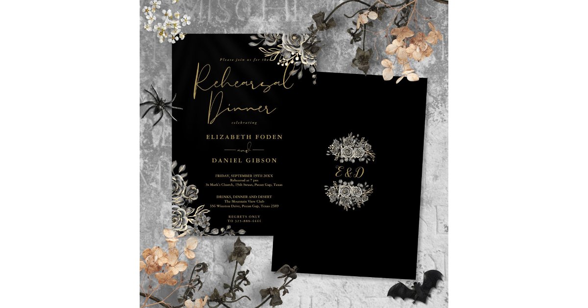 Gothic Floral Black And Gold Rehearsal Dinner Invitation | Zazzle